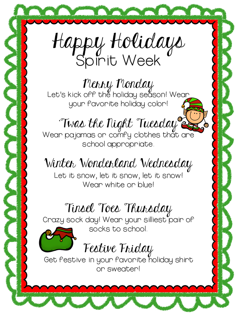 LOWER ELEMENTARY HAPPY HOLIDAYS SPIRIT WEEK DEC 14 18 Spiro Public